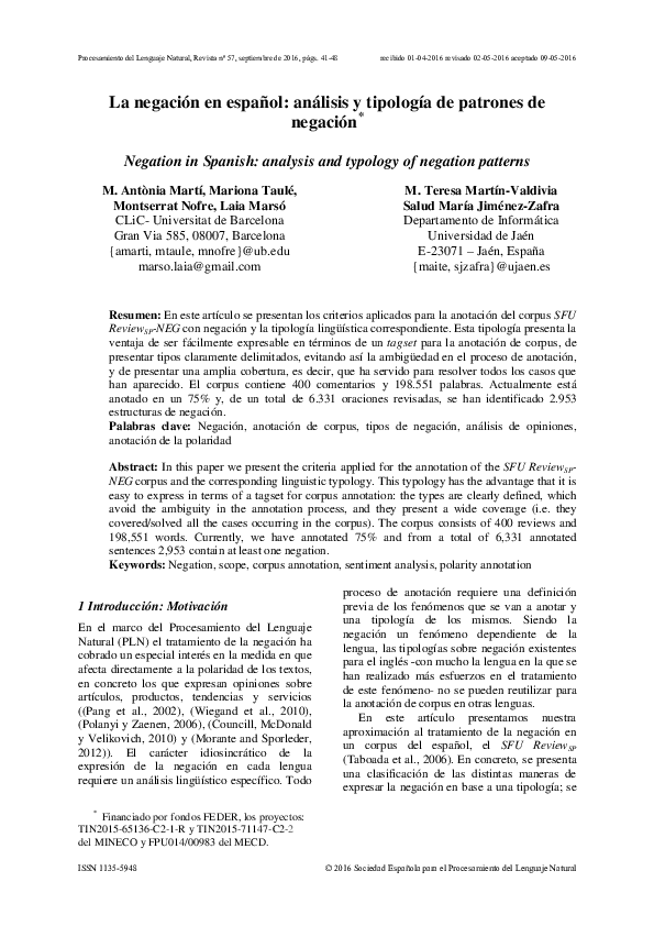 (PDF) La negación en español: análisis y tipología de patrones de negación