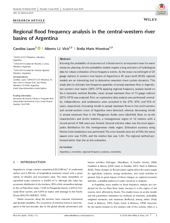 (PDF) Regional flood frequency analysis in the central-western river basins of Argentina