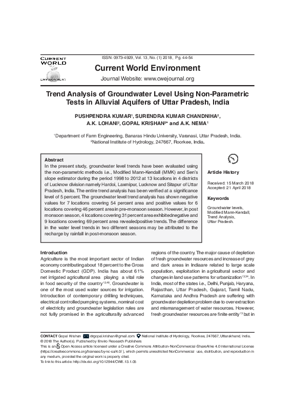Pdf Trend Analysis Of Groundwater Level Using Non Parametric Tests In