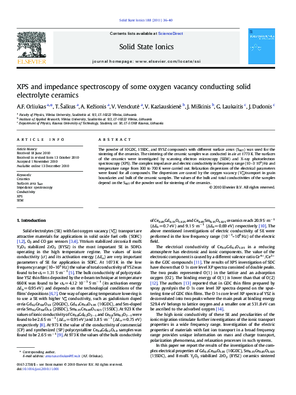 (PDF) XPS and impedance spectroscopy of some oxygen vacancy conducting ...