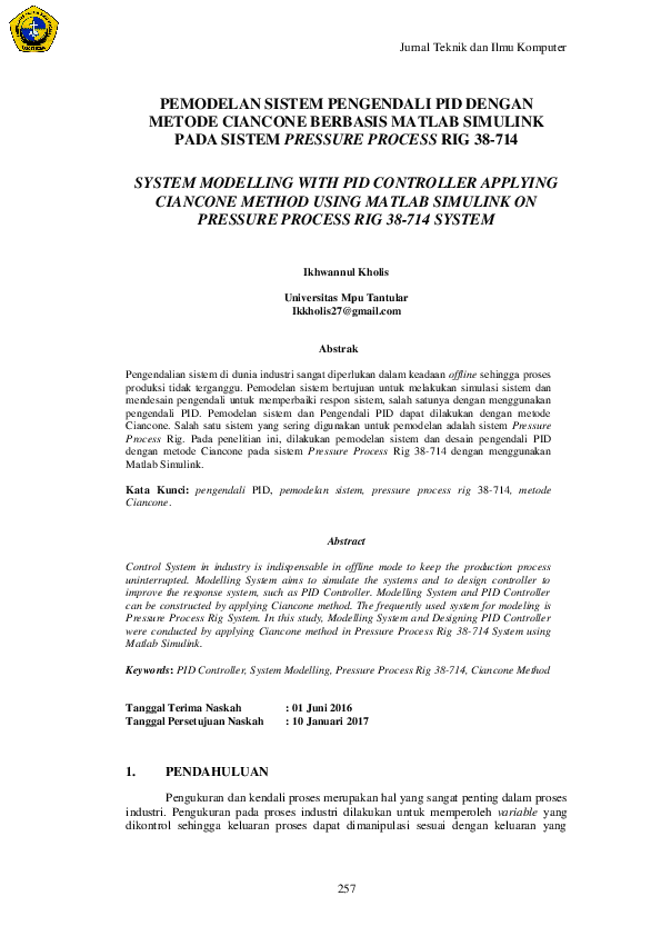 (PDF) Pemodelan Sistem Pengendali Pid Dengan Metode Ciancone Berbasis Matlab Simulink Pada ...