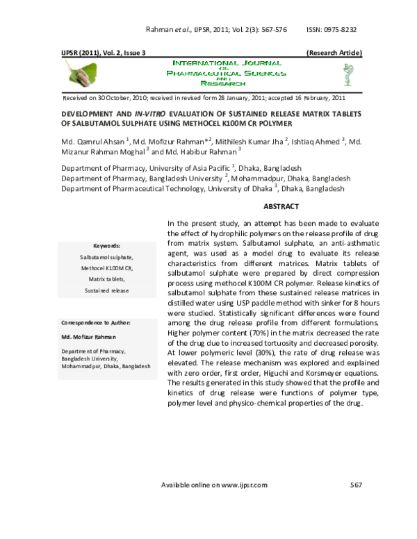 (PDF) Development and In-Vitro Evaluation of Sustained Release Matrix ...