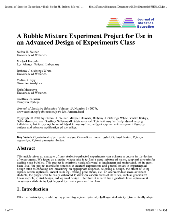 (PDF) A Bubble Mixture Experiment Project for Use in an Advanced Design of Experiments Class