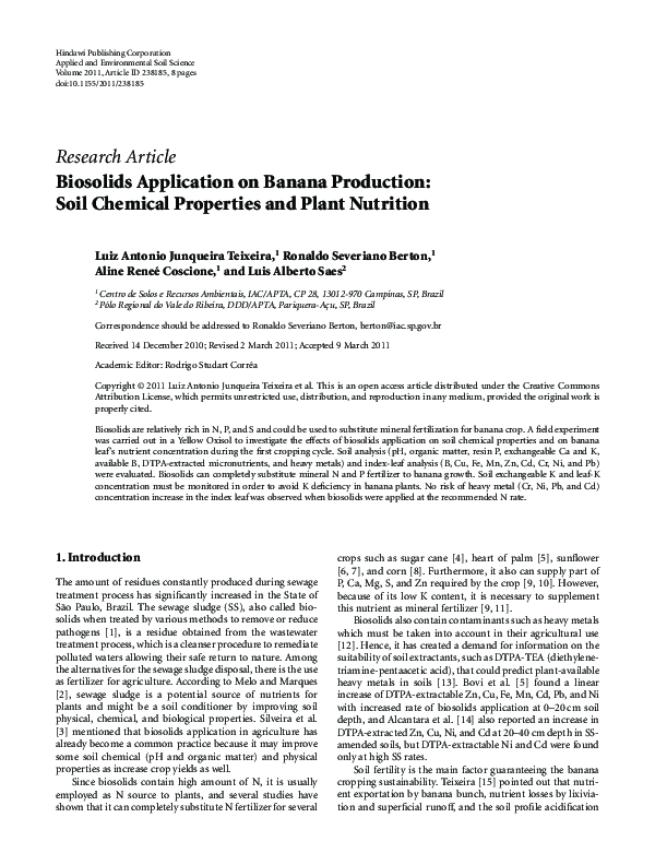 (PDF) Biosolids Application on Banana Production: Soil Chemical Properties and Plant Nutrition