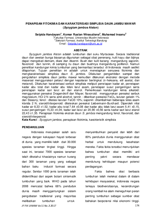 (PDF) PENAPISAN FITOKIMIA DAN KARAKTERISASI SIMPLISIA DAUN JAMBU MAWAR (Syzygium jambos Alston)
