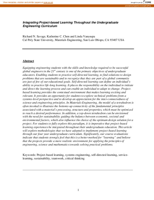 (PDF) Integrating project-based learning throughout the undergraduate engineering curriculum