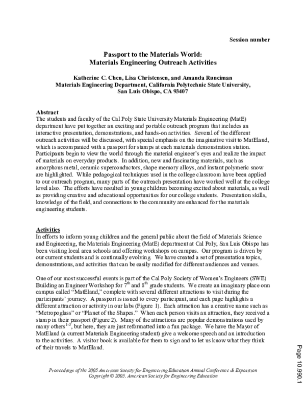 (PDF) Passport To The Materials World: Materials Engineering Outreach Activities