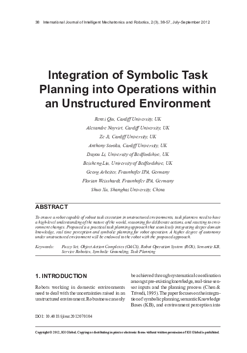 Pdf Integration Of Symbolic Task Planning Into Operations Within An Unstructured Environment