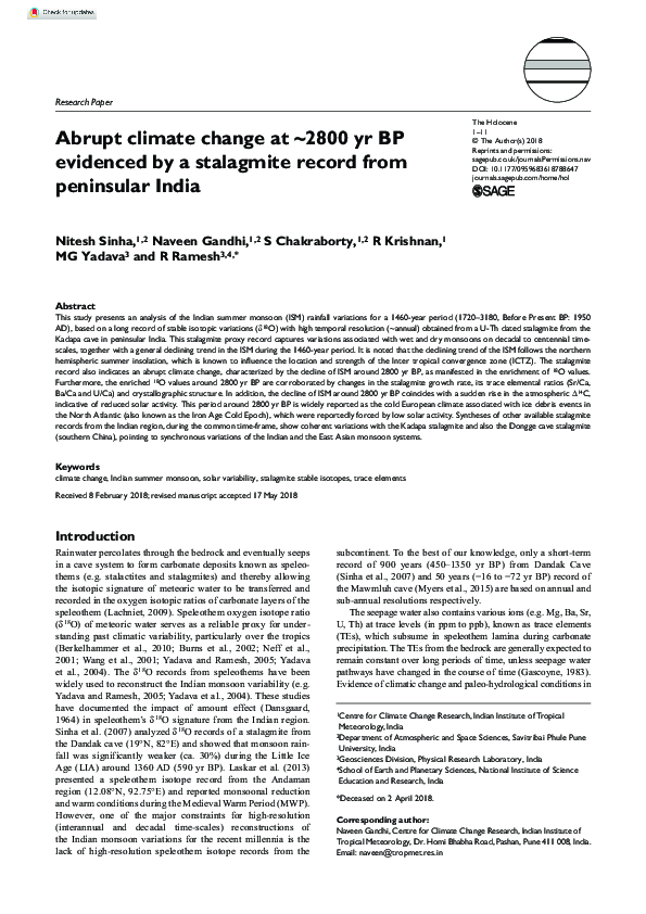 (PDF) Abrupt climate change at ~2800 yr BP evidenced by a stalagmite ...