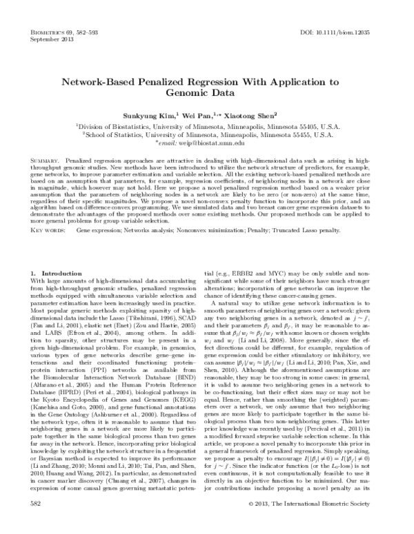 (PDF) Network‐Based Penalized Regression With Application to Genomic Data