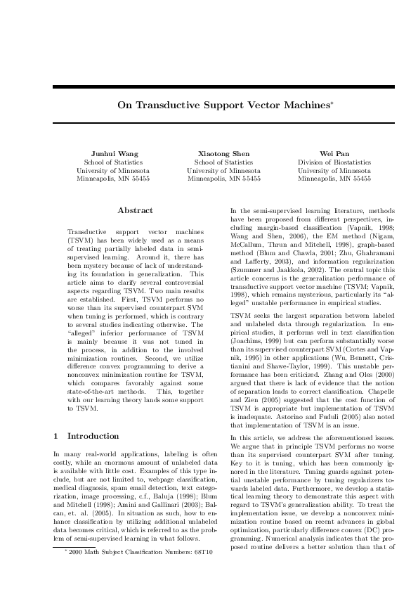 Pdf On Transductive Support Vector Machines Xiaotong Shen