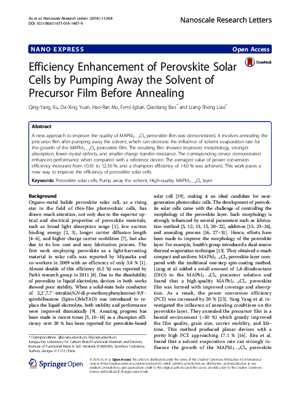 (PDF) Efficiency Enhancement of Perovskite Solar Cells through Fast ...