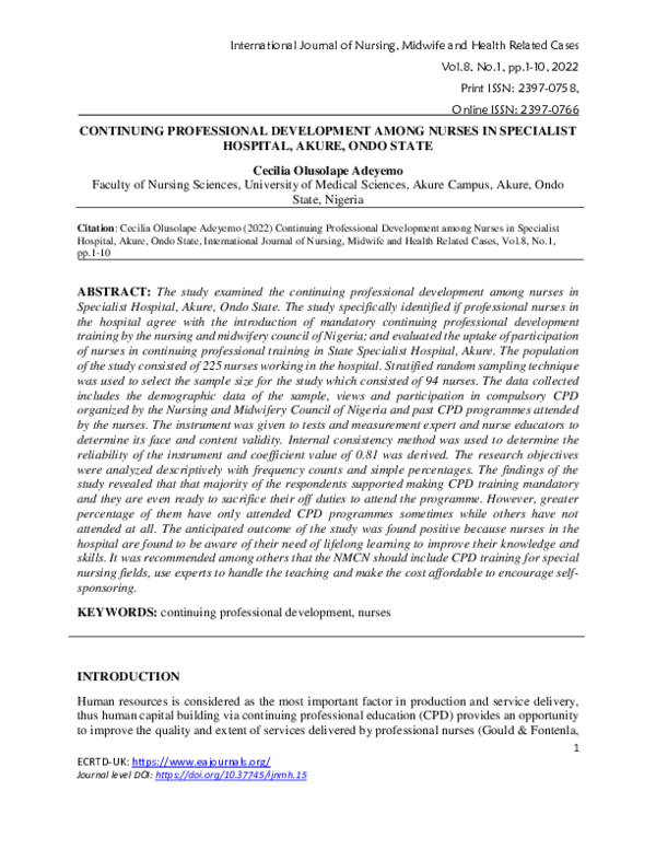 (PDF) Continuing Professional Development among Nurses in Specialist ...