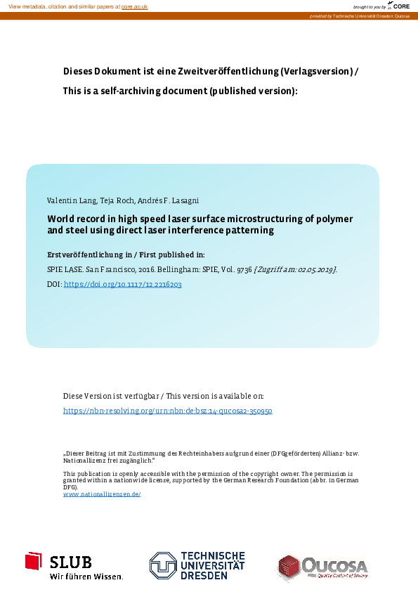 Pdf World Record In High Speed Laser Surface Microstructuring Of Polymer And Steel Using