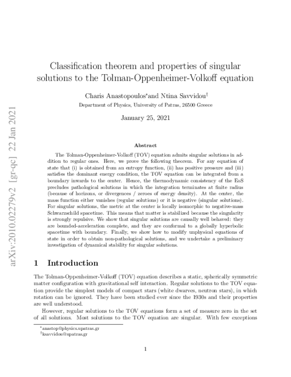 (PDF) Classification theorem and properties of singular solutions to ...