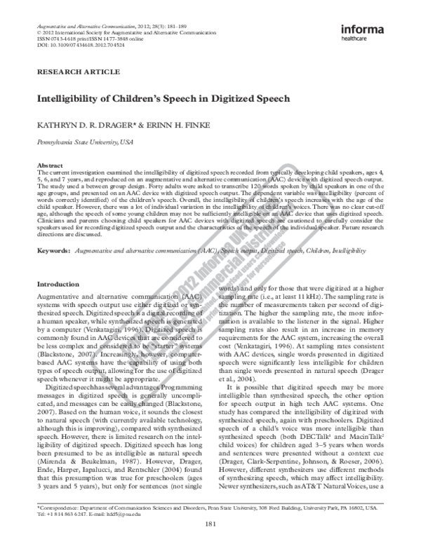 (PDF) Intelligibility of Children’s Speech in Digitized Speech