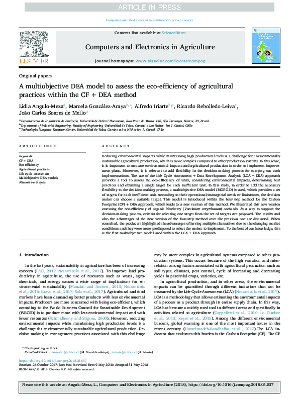Pdf A Multiobjective Dea Model To Assess The Eco Efficiency Of Agricultural Practices Within