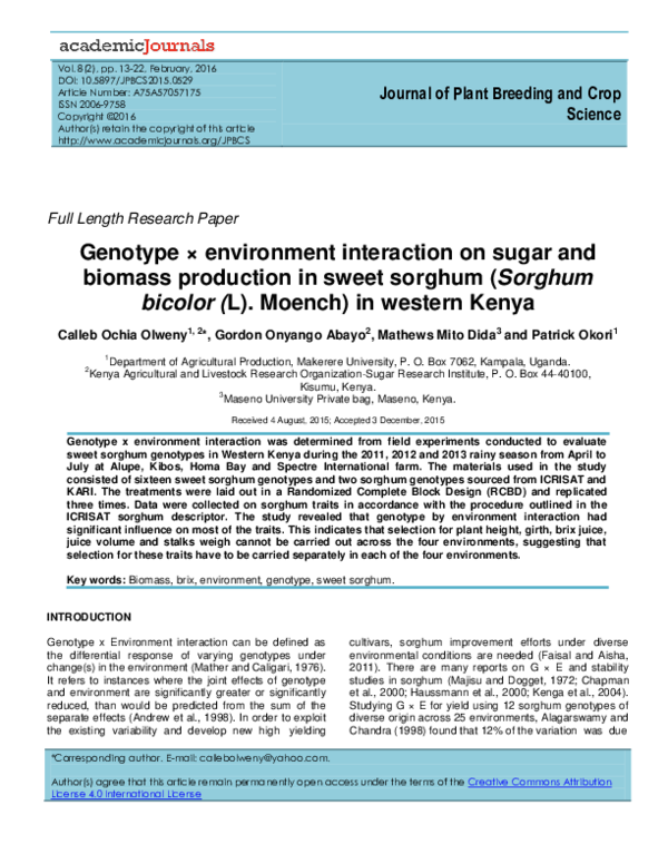 Pdf Genotype Environment Interaction On Sugar And Biomass Production