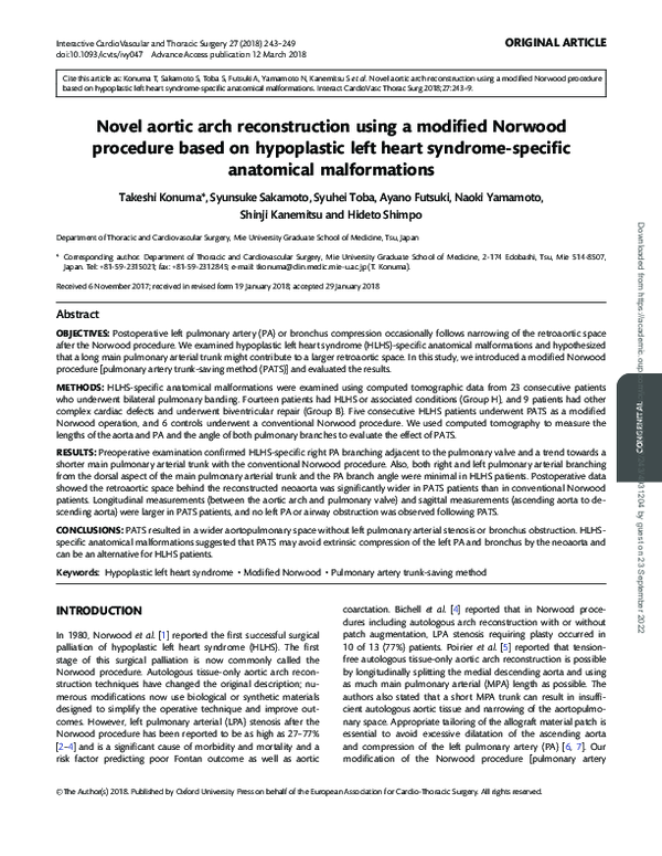 (PDF) Novel aortic arch reconstruction using a modified Norwood ...