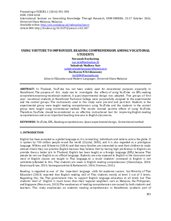 (PDF) Using Youtube to Improveefl Reading Comprehension Among Vocational