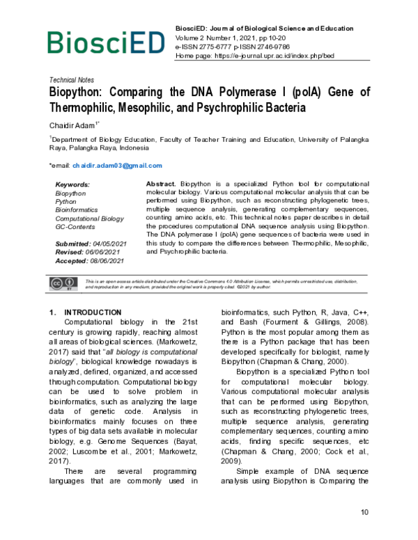 (PDF) Biopython: Comparing the DNA Polymerase I (polA) Gene of ...