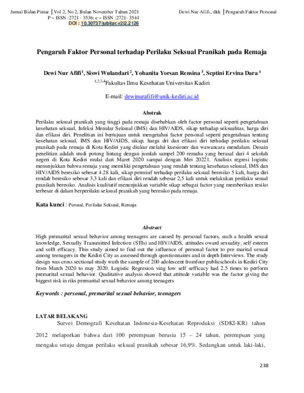 (PDF) Pengaruh Faktor Personal terhadap Perilaku Seksual Pranikah pada Remaja