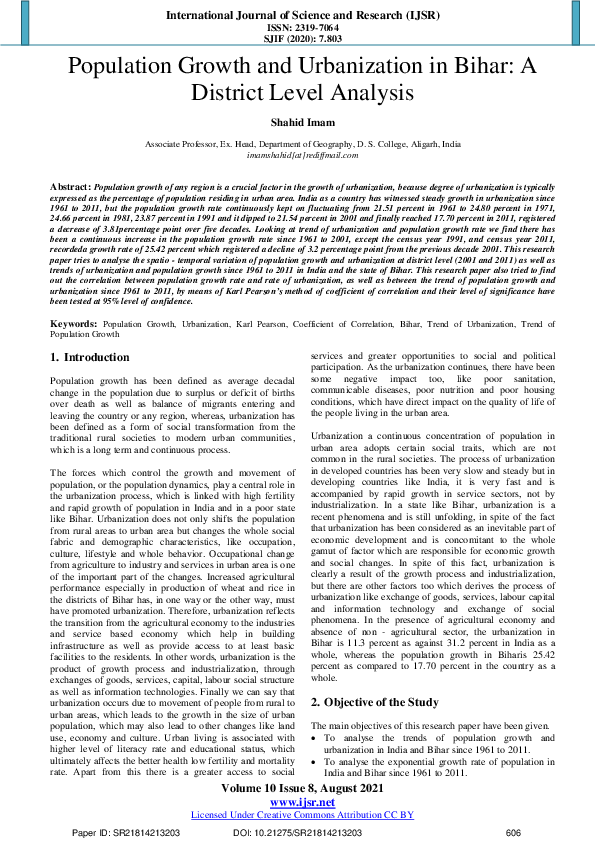 (PDF) Population Growth and Urbanization in Bihar: A District Level ...