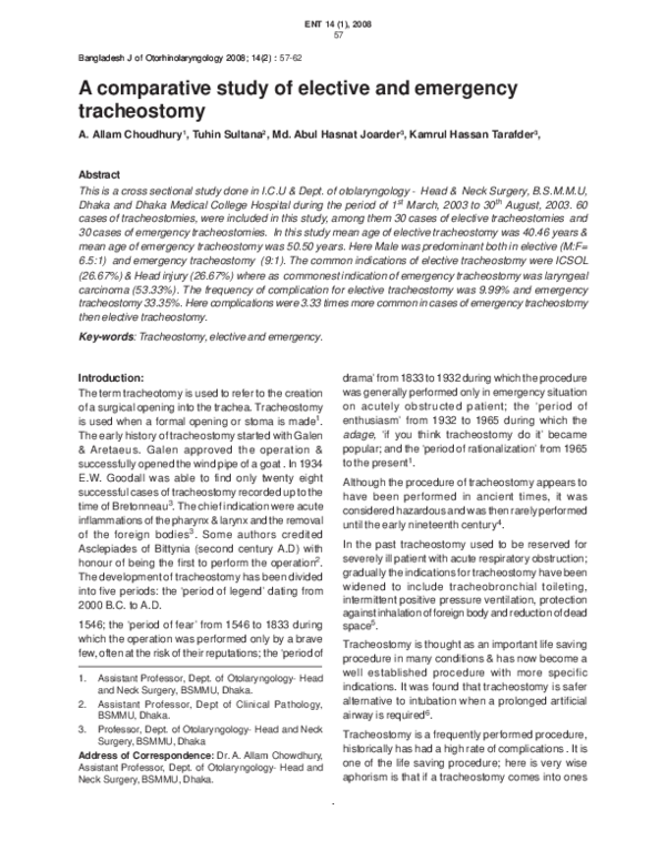(PDF) A comparative study of elective and emergency tracheostomy