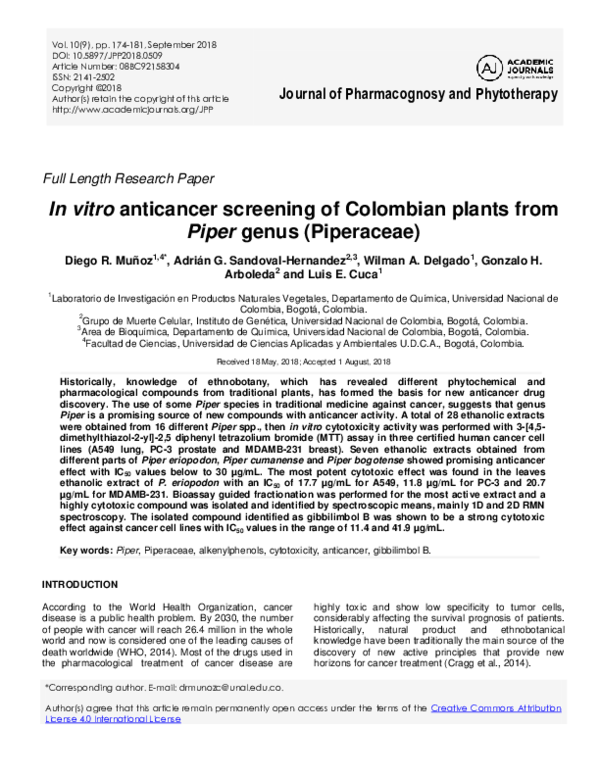 (PDF) In vitro anticancer screening of Colombian plants from Piper ...