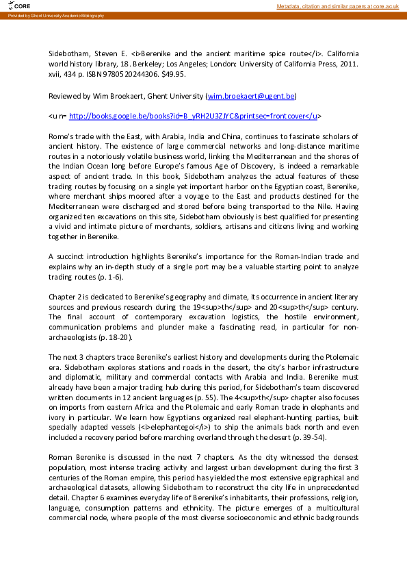 (PDF) Berenike and the ancient maritime spice route. University of ...