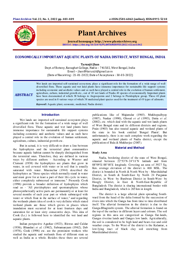 (PDF) Economically Important Aquatic Plants of Nadia District, West ...