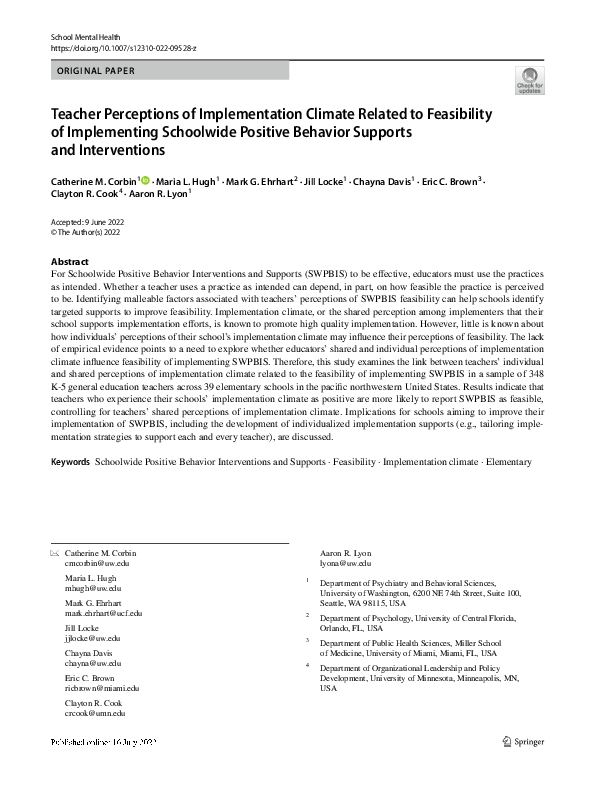 (PDF) Teacher Perceptions of Implementation Climate Related to Feasibility of Implementing ...