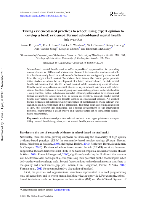 (PDF) Taking evidence-based practices to school: using expert opinion to develop a brief ...