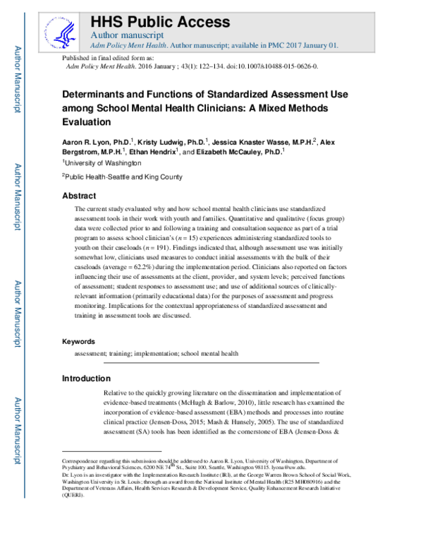 (PDF) Determinants and Functions of Standardized Assessment Use Among School Mental Health ...