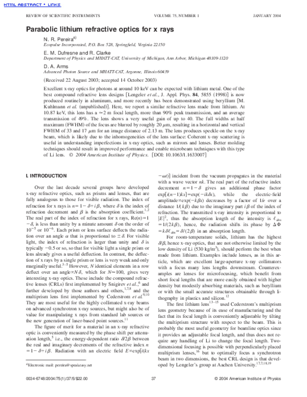 (PDF) Parabolic lithium refractive optics for x rays
