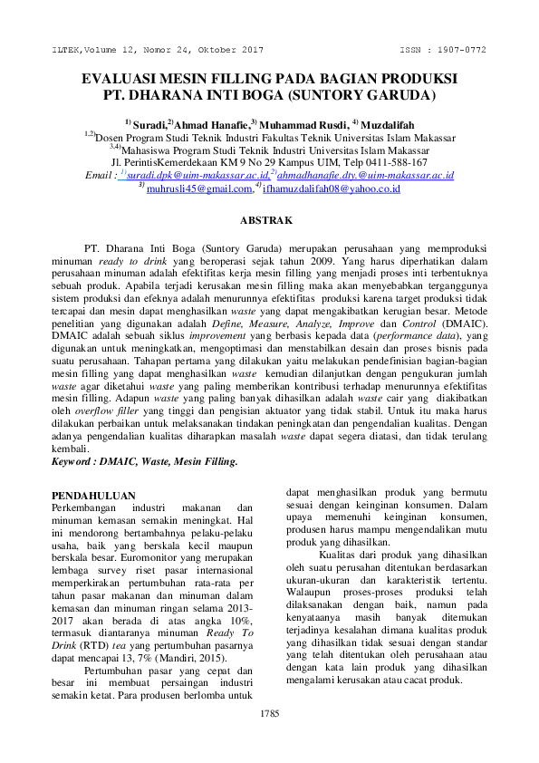 (PDF) Evaluasi Mesin Filling Pada Bagian Produksi Pt. Dharana Inti Boga ...