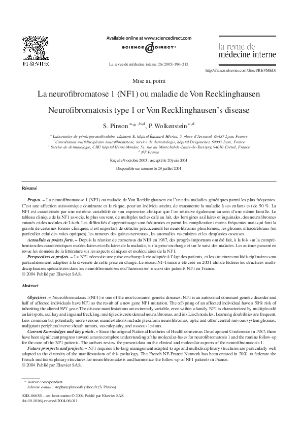 (PDF) La neurofibromatose 1 (NF1) ou maladie de Von Recklinghausen