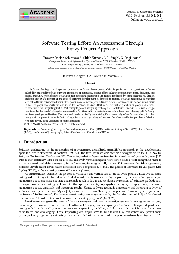 (PDF) Testing Effort : An Assessment Through Fuzzy Criteria Approach ...