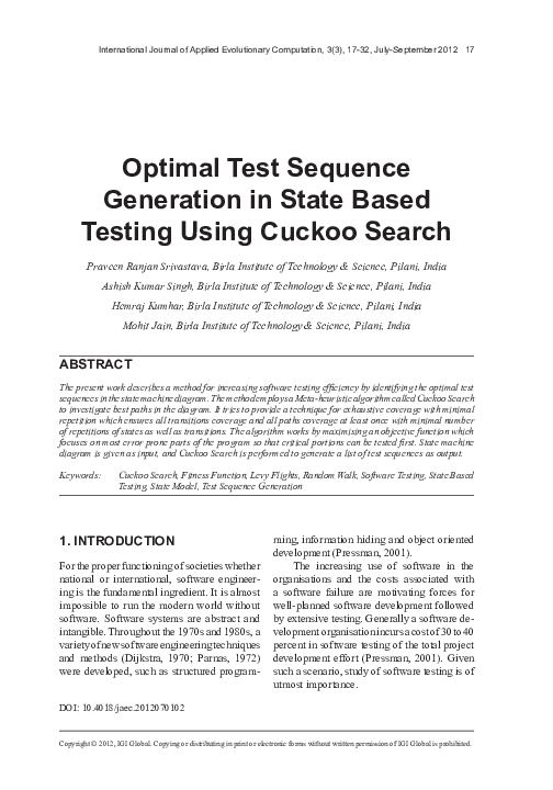 Pdf Optimal Test Sequence Generation In State Based Testing Using Cuckoo Search 