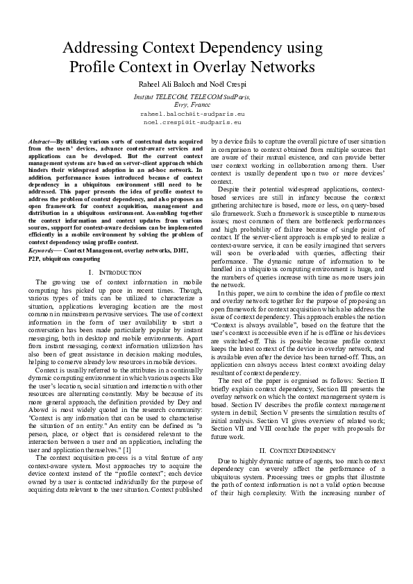 (PDF) Addressing Context Dependency Using Profile Context in Overlay Networks