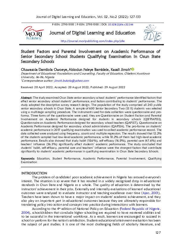 (PDF) Student Factors and Parental Involvement on Academic Performance of Senior Secondary ...
