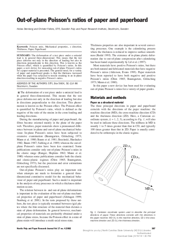 (PDF) Out-of-plane Poisson’s ratios of paper and paperboard
