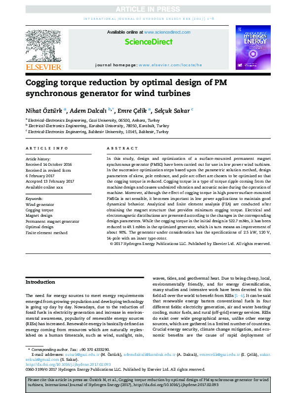 Pdf Cogging Torque Reduction By Optimal Design Of Pm Synchronous
