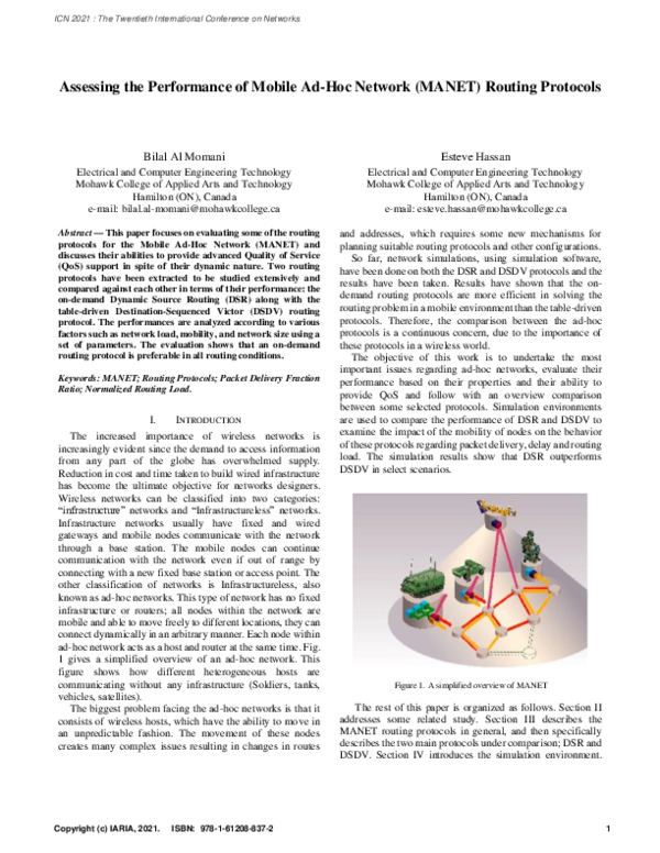 Pdf Assessing The Performance Of Mobile Ad Hoc Network Manet Routing Protocols