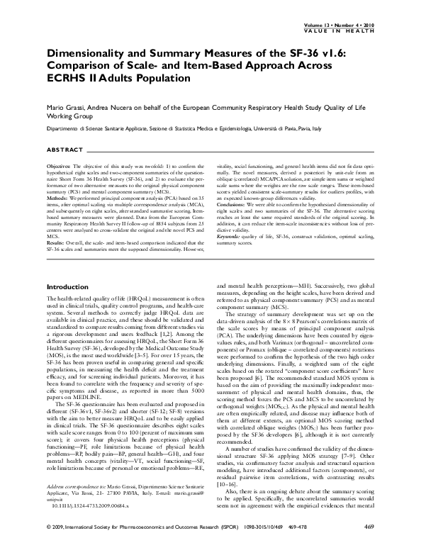 (PDF) Dimensionality and Summary Measures of the SF-36 vl.6: Comparison ...