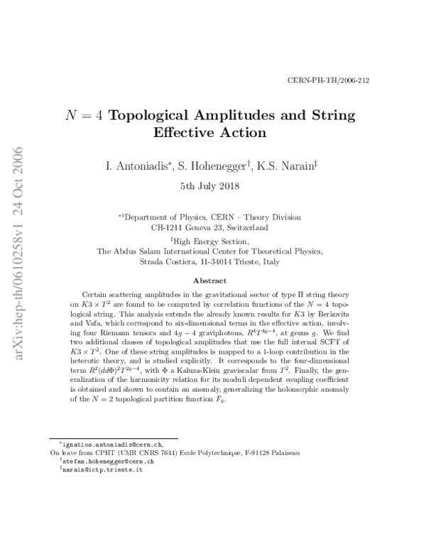 (PDF) Topological Amplitudes and String Effective Action