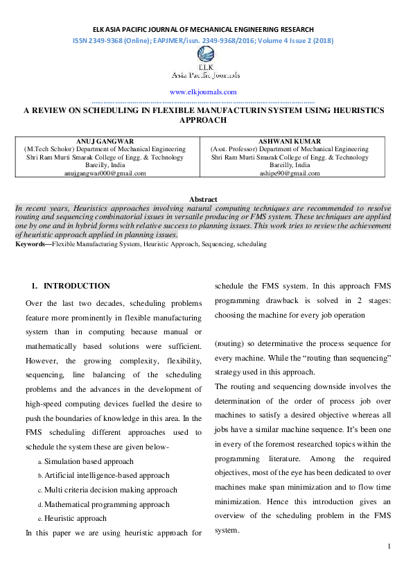 (PDF) A Review on Scheduling in Flexible Manufacturin System Using Heuristics Approach