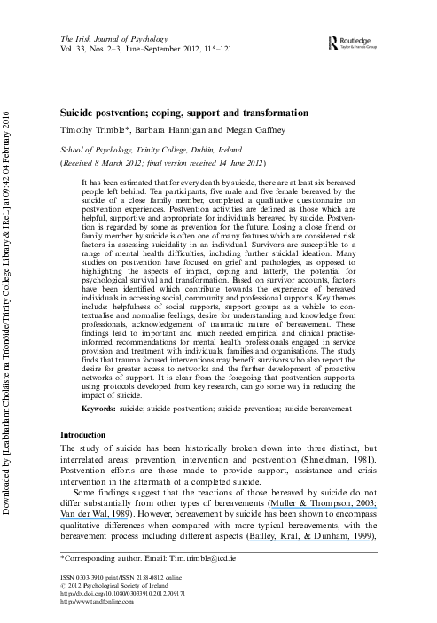 (PDF) Suicide postvention; coping, support and transformation