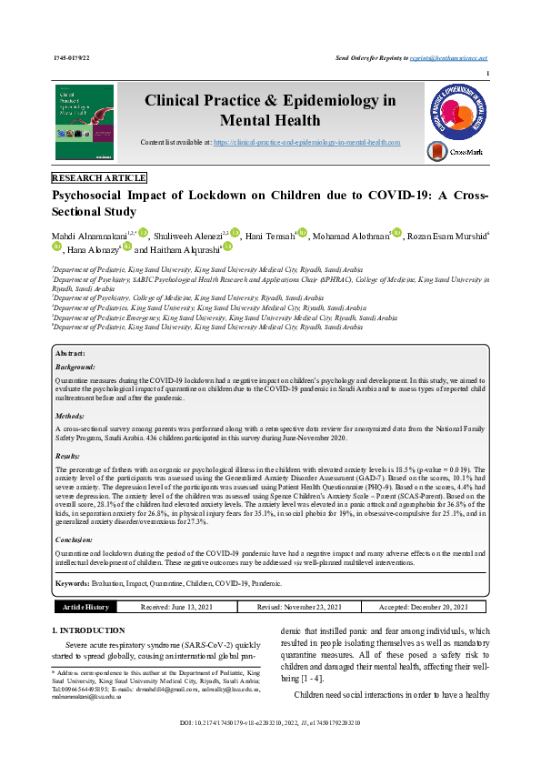 (PDF) Psychosocial Impact of Lockdown on Children due to COVID-19: A ...