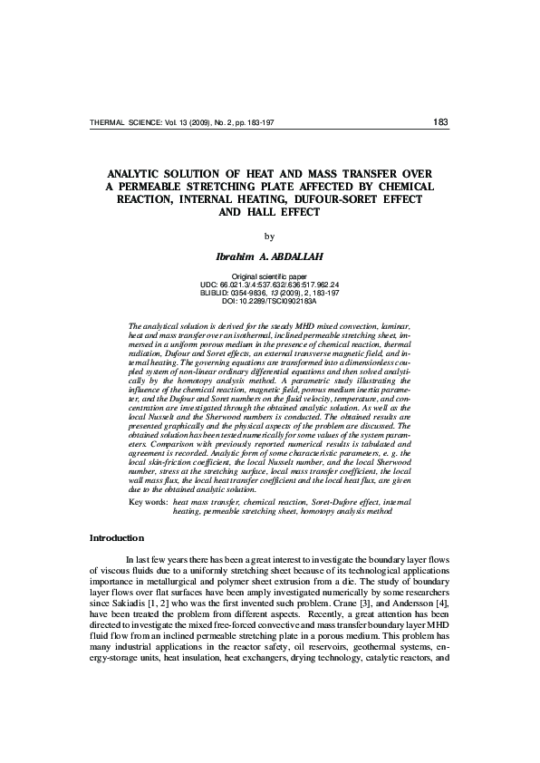 Pdf Analytic Solution Of Heat And Mass Transfer Over A Permeable Stretching Plate Affected By